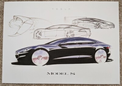 Authentic Tesla Model S Sketch Drawing Print Art Collectible Franz 2007 ...