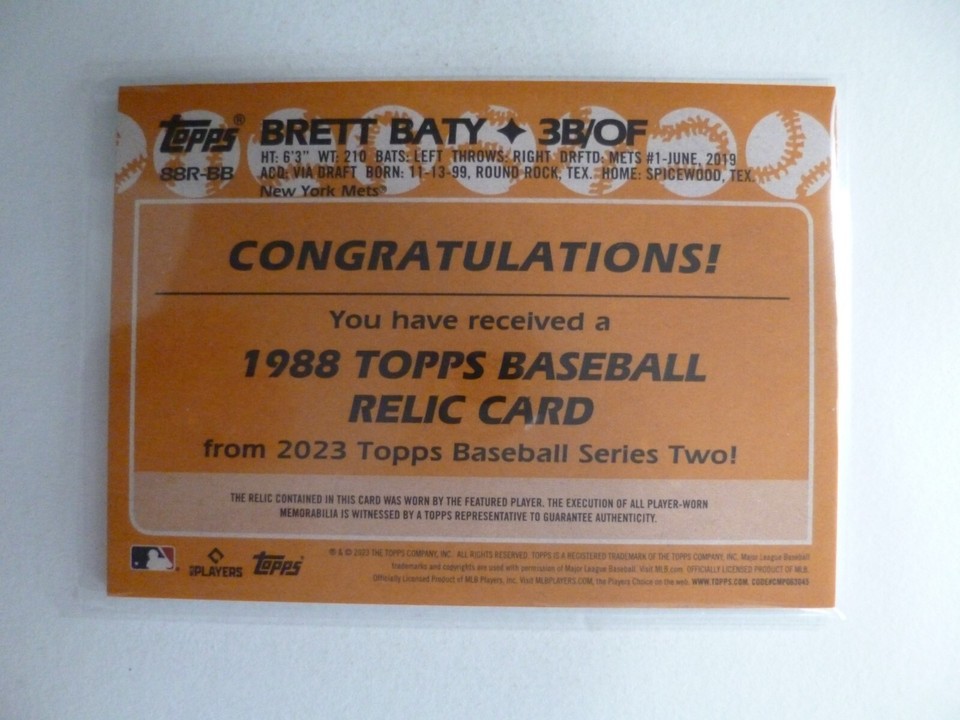 2023 Topps Series Two Relic #88R-BB *RC* Brett Baty -Mets | eBay