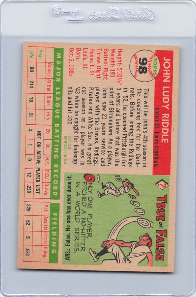 1955 Topps #98 Johnny Riddle Cardinals NM *DA-C502 | eBay