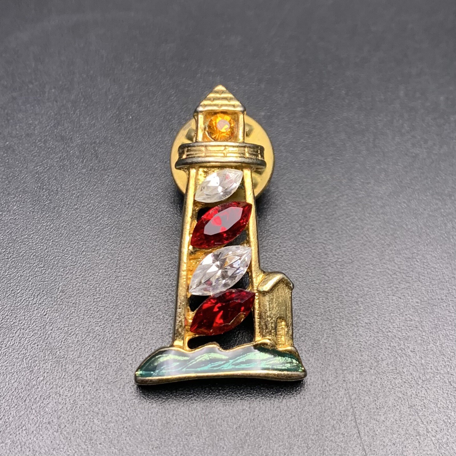 Lighthouse Lapel Pin Vintage Red Clear Rhinestone Gold Tone Dainty ...