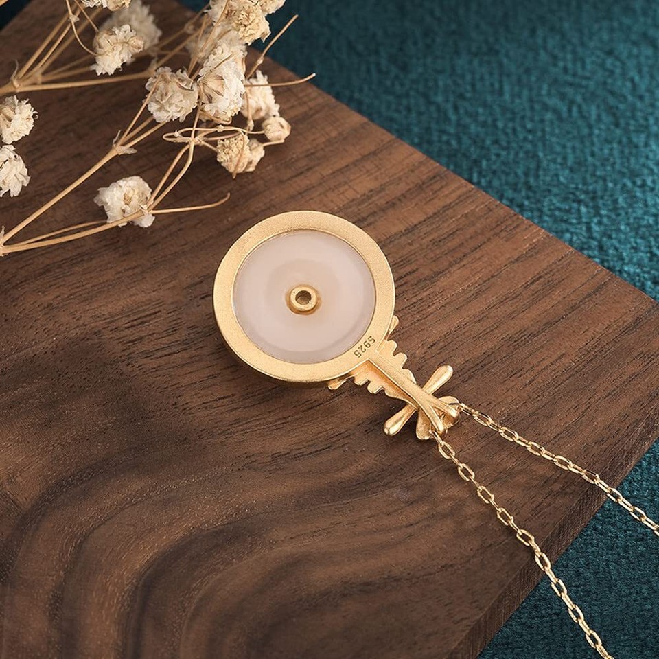 Chinese Natural White Jade Lute Shape Pendant Necklace Female Hanfu ...
