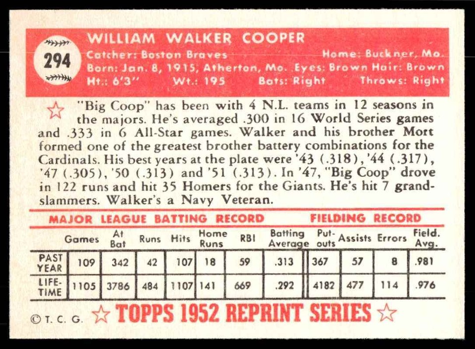 1983 Topps 1952 Reprint Series Walker Cooper Boston Braves #294 | eBay