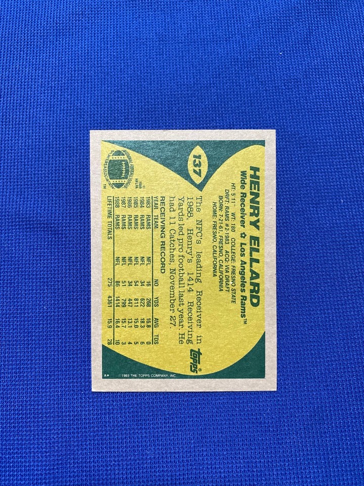 1989 TOPPS HENRY ELLARD LA RAMS SIGNED AUTOGRAPHED AUTO CARD #137 W/COA ...