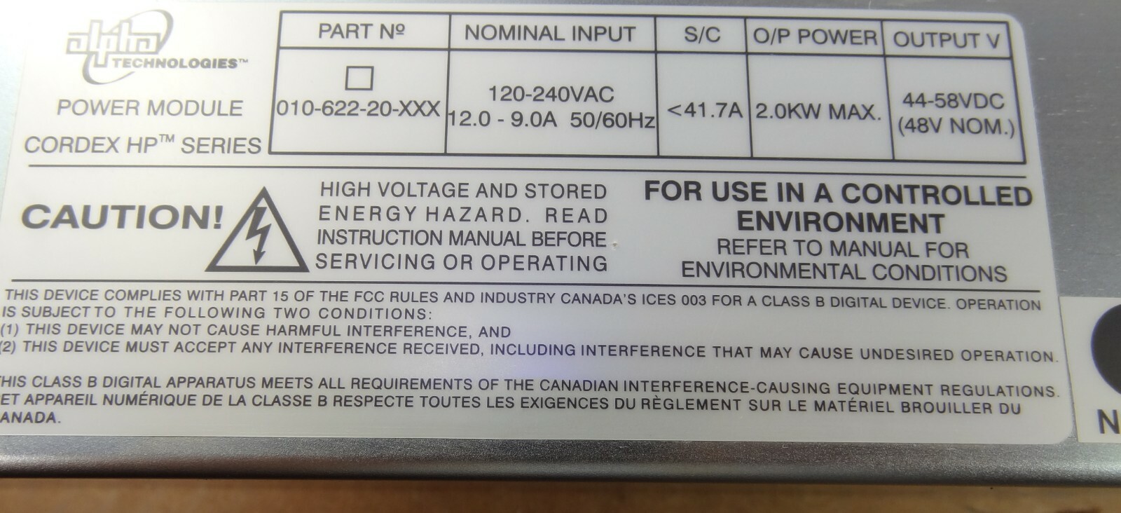 Alpha Technologies Cordex HP2.0kW Modular Switched Mode Rectifier 010 ...
