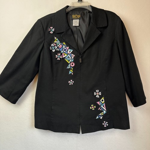 Bob Mackie Wearable Art jacket women L black art deco floral zip front ...