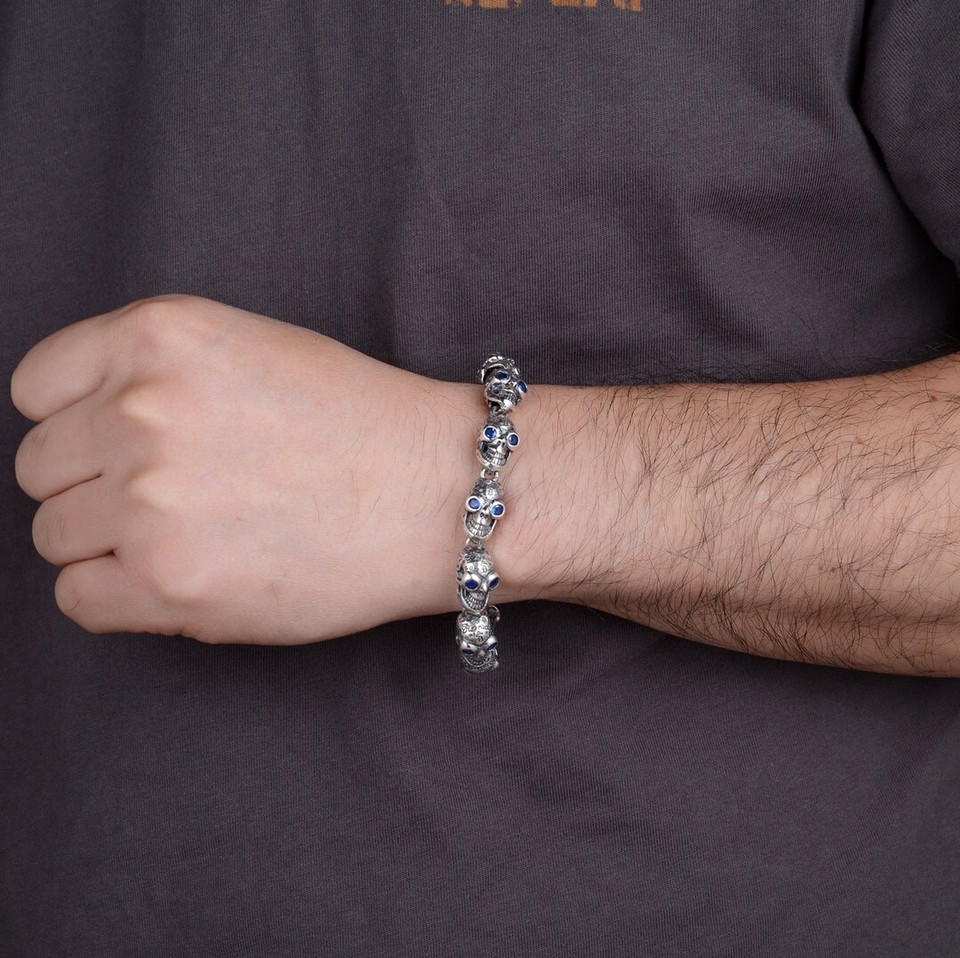 Biker Punk Rocker Chain 8.5" Green Eye Skull 925 Sterling Silver ...