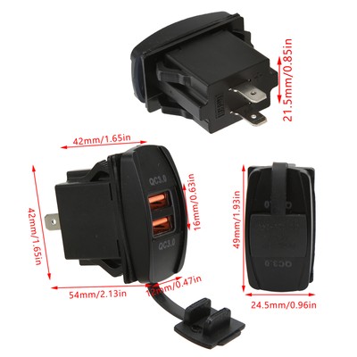 Black Rocker Switch Style Dual USB Car QC3.0 Fast Charge Socket With ...
