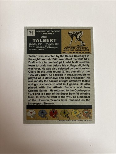 Don Talbert Autographed 1971 Custom Football Card Dallas Cowboys A-709 ...
