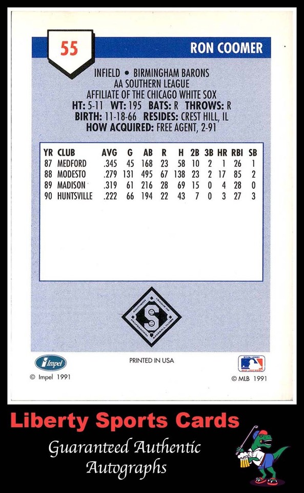 1991 AA Impel Ron Coomer #55 Birmingham Barons Authentic Autographed ...