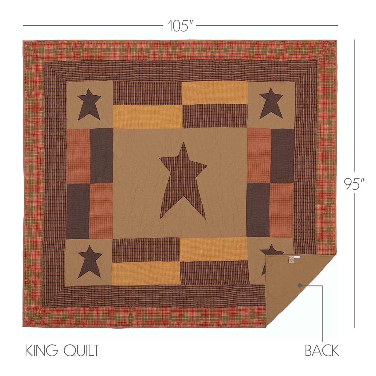VHC Brands Stratton Primitive King Quilt Khaki Orange-Red Black Star ...
