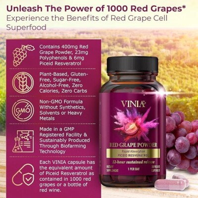 Vinia Red Grape Powder Rapid Absorbtion Piceid Resveratrol 30 Veggie ...