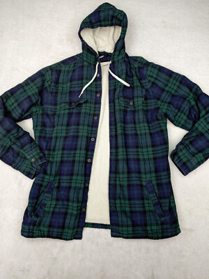LANDS END Mens L Blackwatch Blue Green Tartan Plaid Shacket Button ...