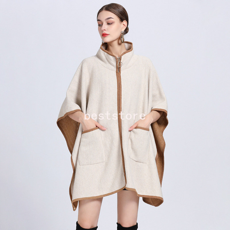 Zipper Women's Cape Oversized Cloak Faux Woolen Stand Collar Coat ...