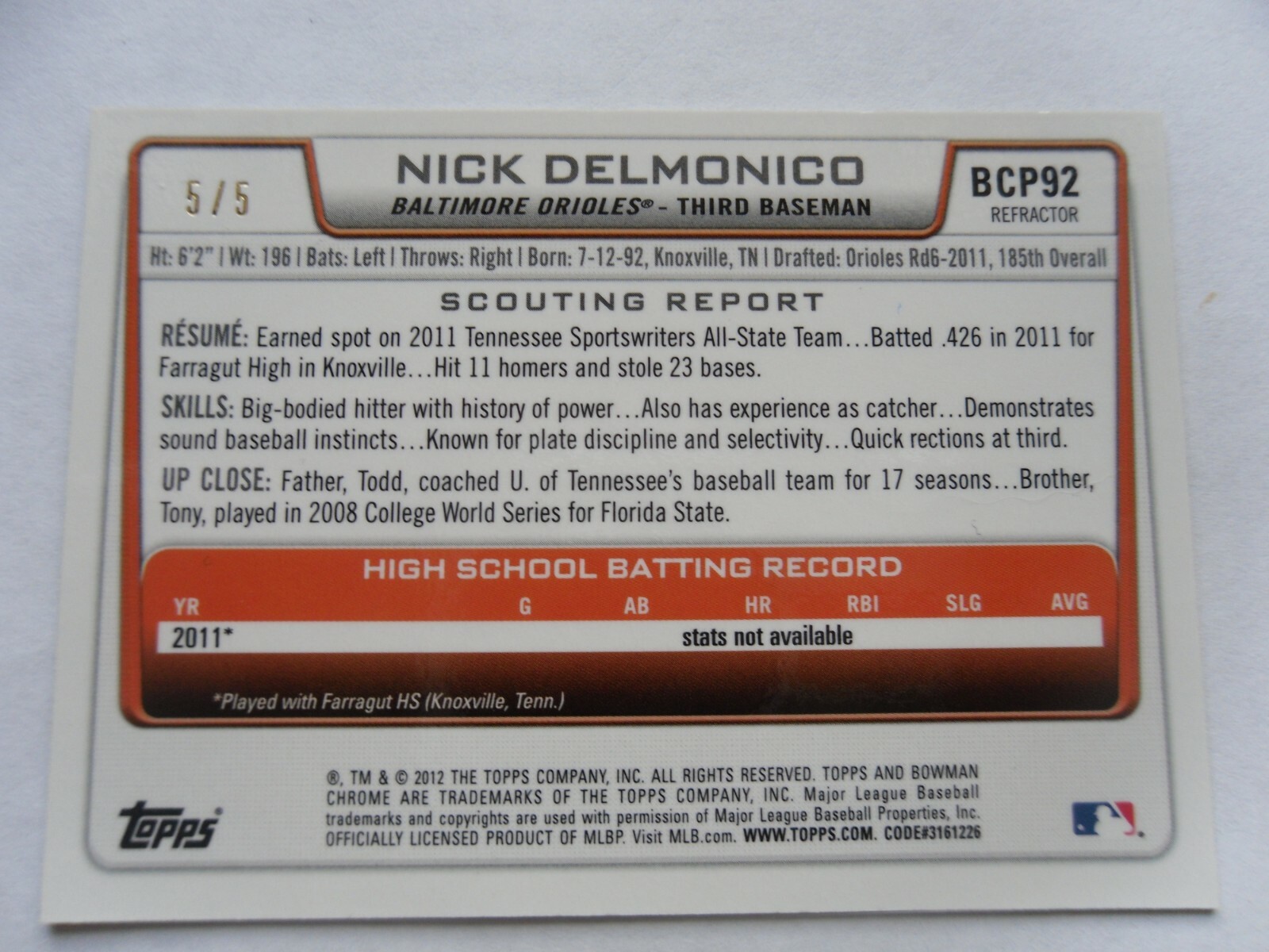 2012 RARO Bowman Cromato NICK DELMONICO RC ""Rifrattore Rosso"" Bianco ...