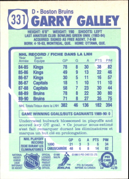 1990-91 O-Pee-Chee Boston Bruins Hockey Card #331 Garry Galley RC | eBay