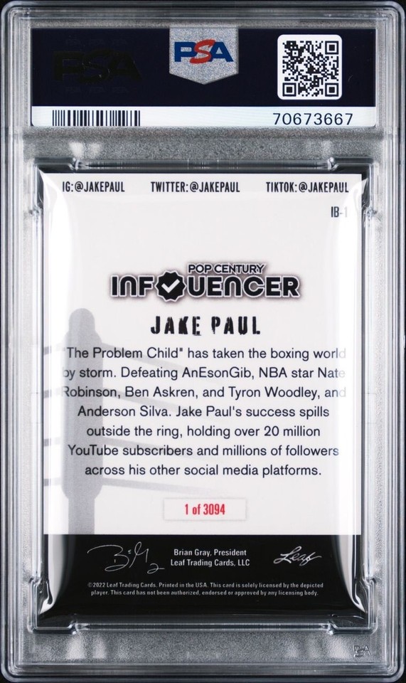 2022 Leaf Pop Century Jake Paul Rookie Card 1st Card RC PSA 9 PROBLEM ...
