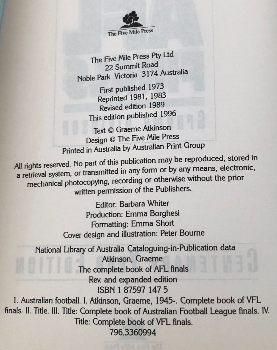 COMPLETE BOOK OF AFL FINALS - 504pg LGE.P'BACK BOOK- 1996 CENTENARY ...