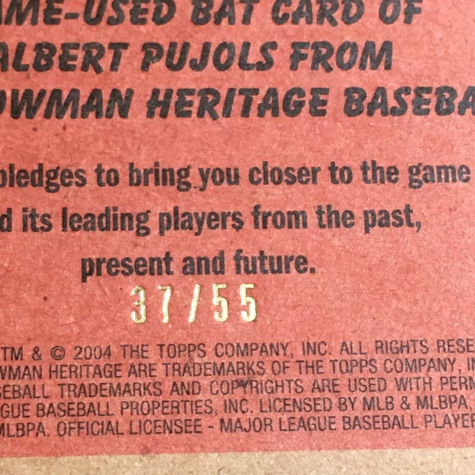2004 Bowman Heritage Threads of Greatness Gold Albert Pujols GU BAT #37 ...