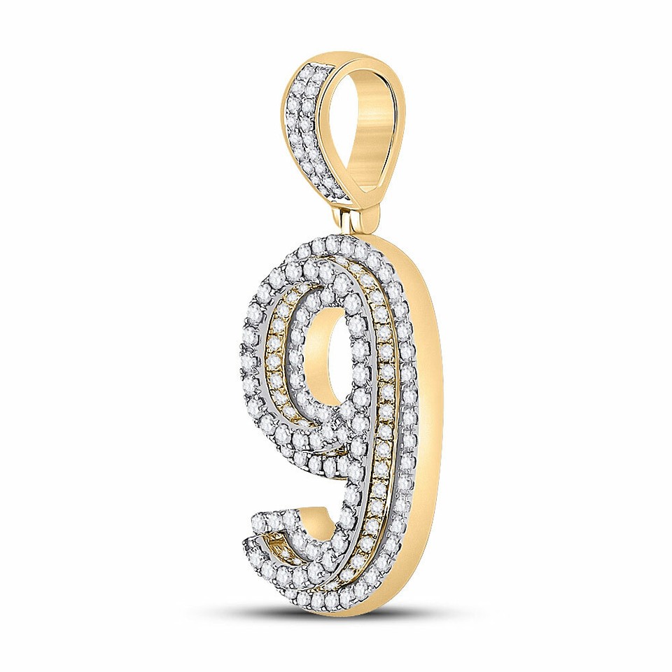 10kt Yellow Gold Mens Round Diamond Number 9 Charm Pendant 1-5/8 Cttw ...