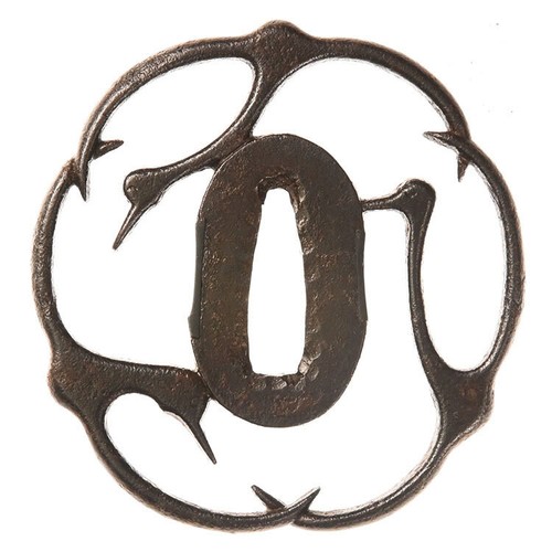 Akasaka Tsuba Three Wild Geese Sukashi Iron Unique Shape w/ Box Used ...