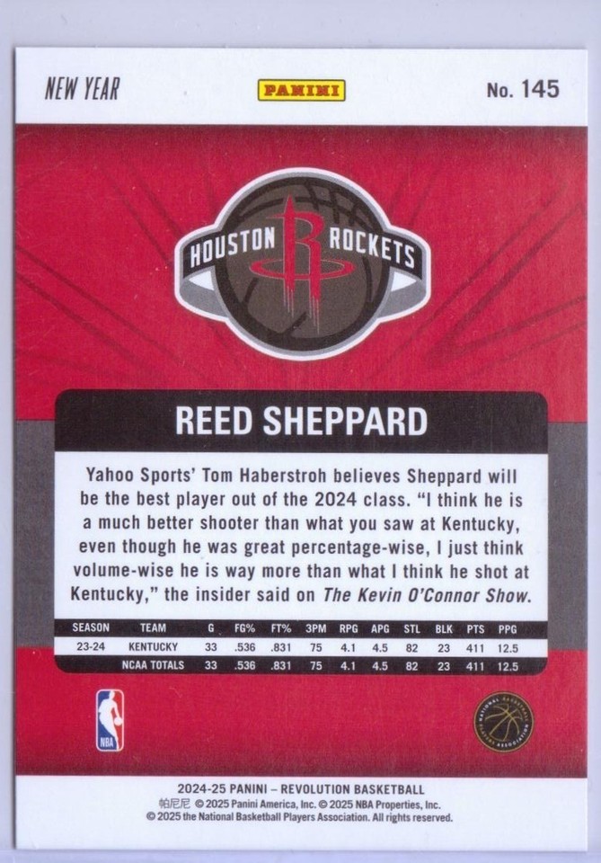 2024-25 Panini Revolution Chinese New Year #145 Reed Sheppard RC ...