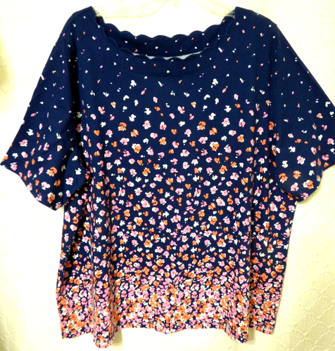 Talbots Plus 3X Short Sleeve Pima Cotton Top Scalloped Neck Navy With ...