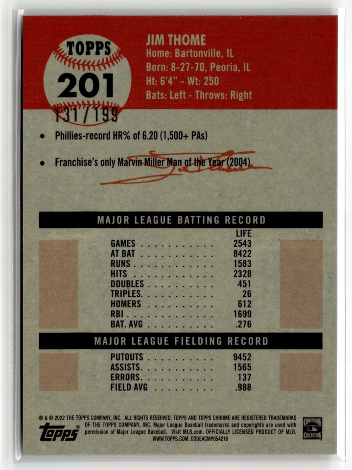 2022 Topps Chrome Platinum #201 Jim Thome Platinum Toile White/Blue ...