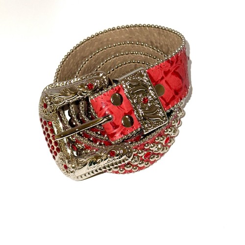 BB Simon AUTHENTIC SWAROVSKI CRYSTALS/ Italian Leather Cowboy Belt Red ...