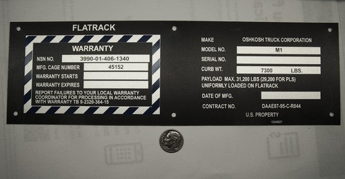 MILITARY MI PLS FLATRACK 3990-01-406-1340 NEW DATA PLATE 10"L 3-1/8"W ...