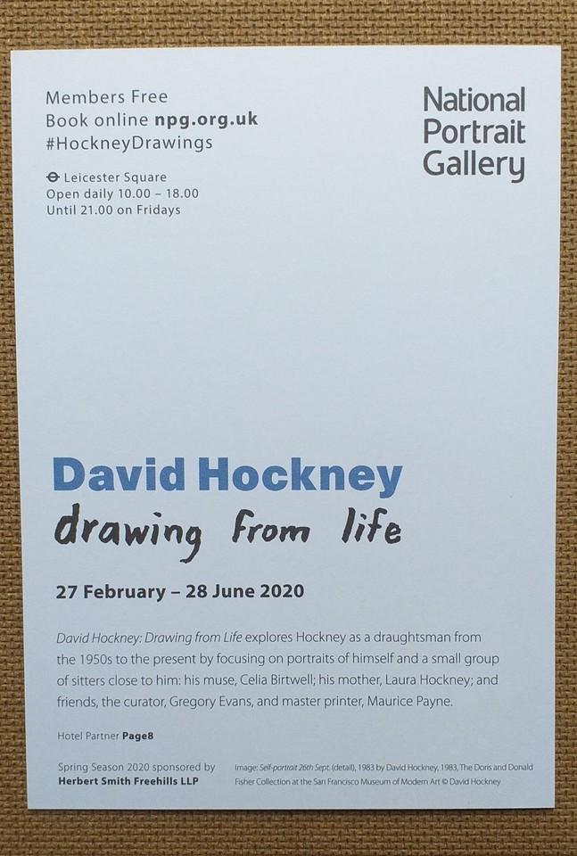 David Hockney exhibition postcard. 2020 N. Portrait Gallery *see notes ...