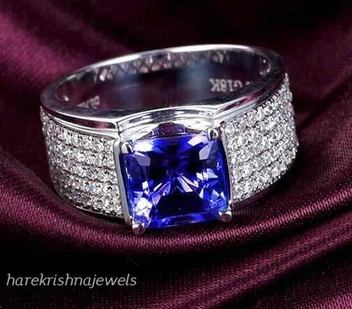 Men's 3CT Cushion Cut Tanzanite Lab-Created Engagement Ring 14K White ...
