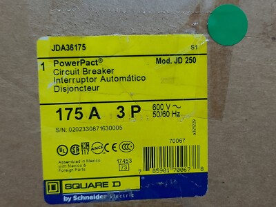 SQUARE D POWERPACT JDA36175 CIRCUIT BREAKER 175 AMPS 3 POLE | eBay