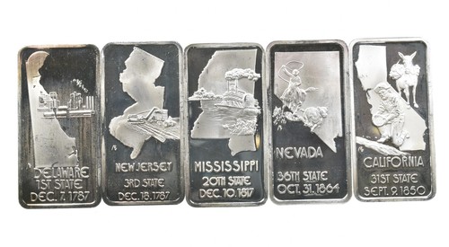 Lot 5 VINTAGE 1 Oz Silver Bars/Rounds Art Bars Collection Poured .999 * ...