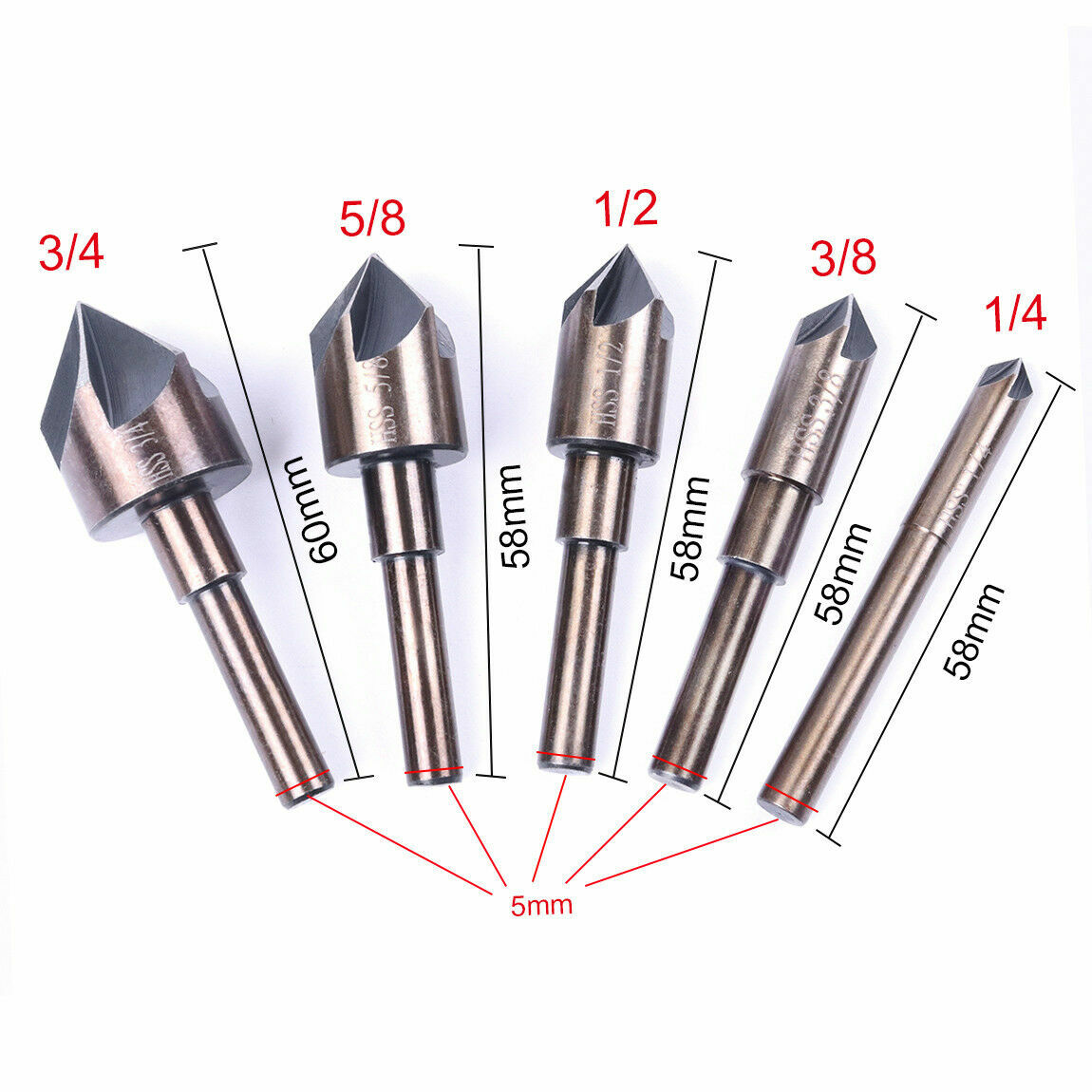5 Flute HSS Chamfer Chamfering End Mill Cutter Bit 3/4'' 5/8'' 1/2'' 3/ ...