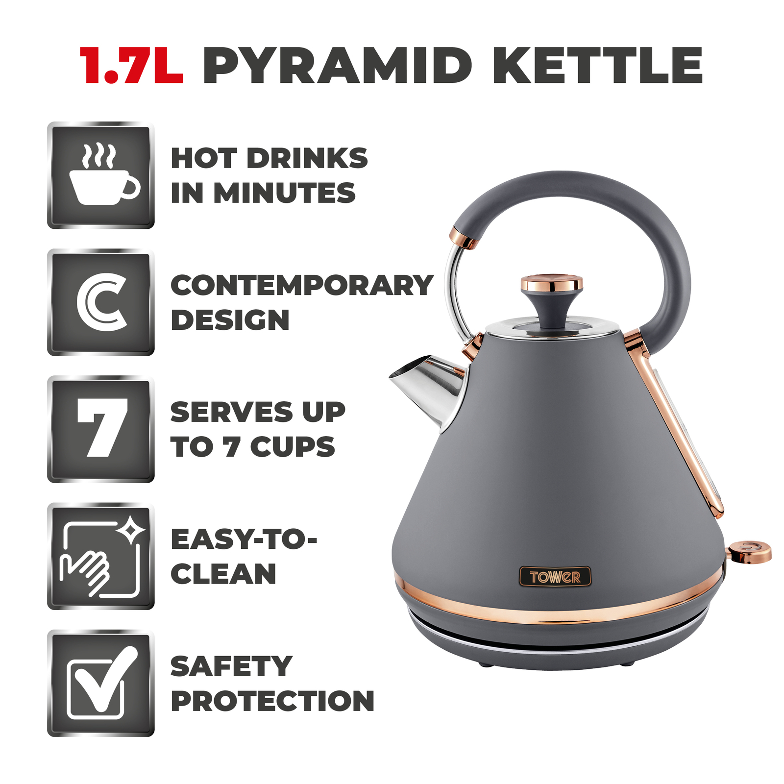 Cordless Pyramid Kettle - Tower T10044RGG Cavaletto 3Kw 1.7L Grey ...