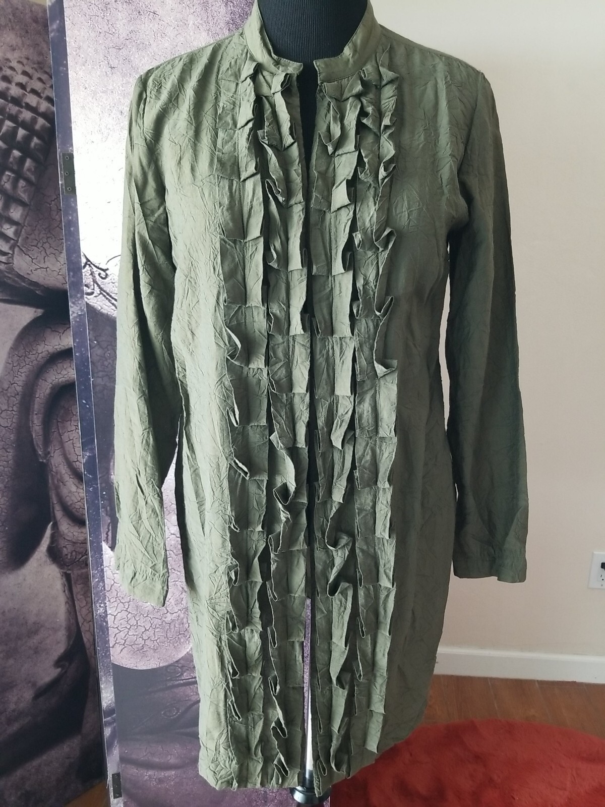 CITRON Santa Monica Olive Green Bamboo Pintuck Trim Open Duster Jacket ...