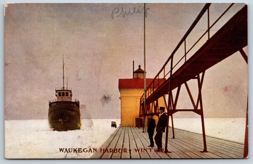 Postcard Waukegan Harbor In The Winter, Ship, Waukegan, Illinois ...
