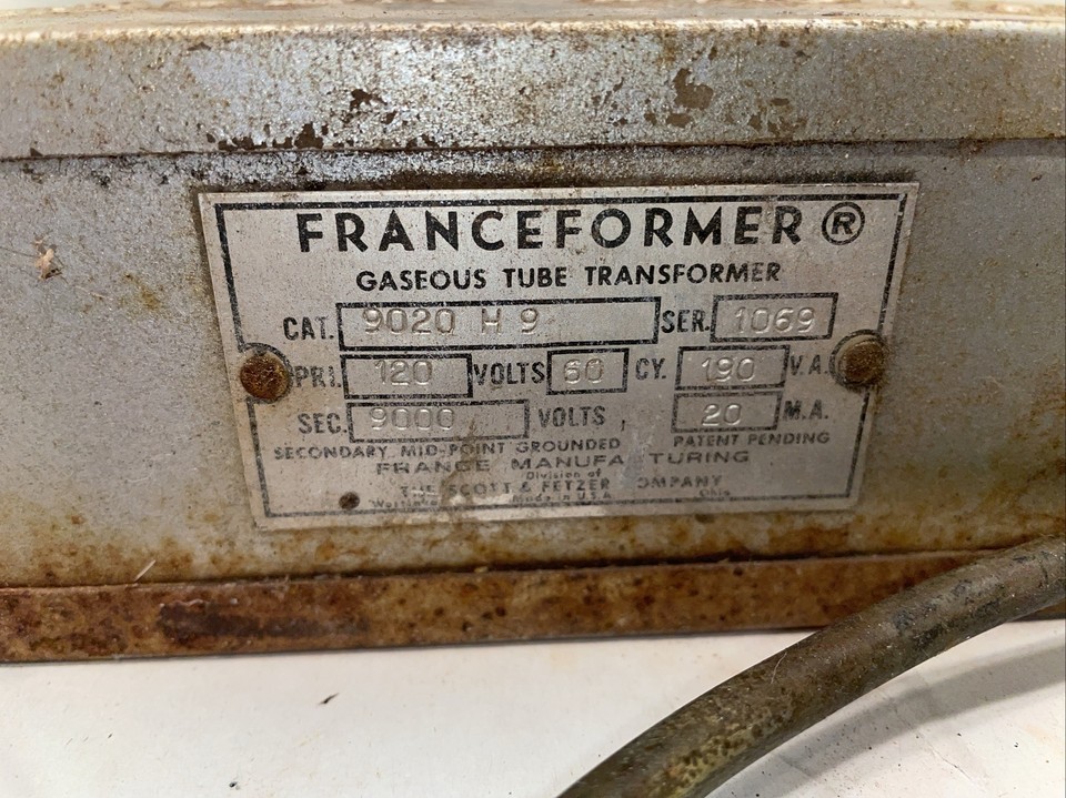 FRANCEFORMER Vintage 9020 H9 Neon Sign Transformer 120V to 9000V 20mA ...