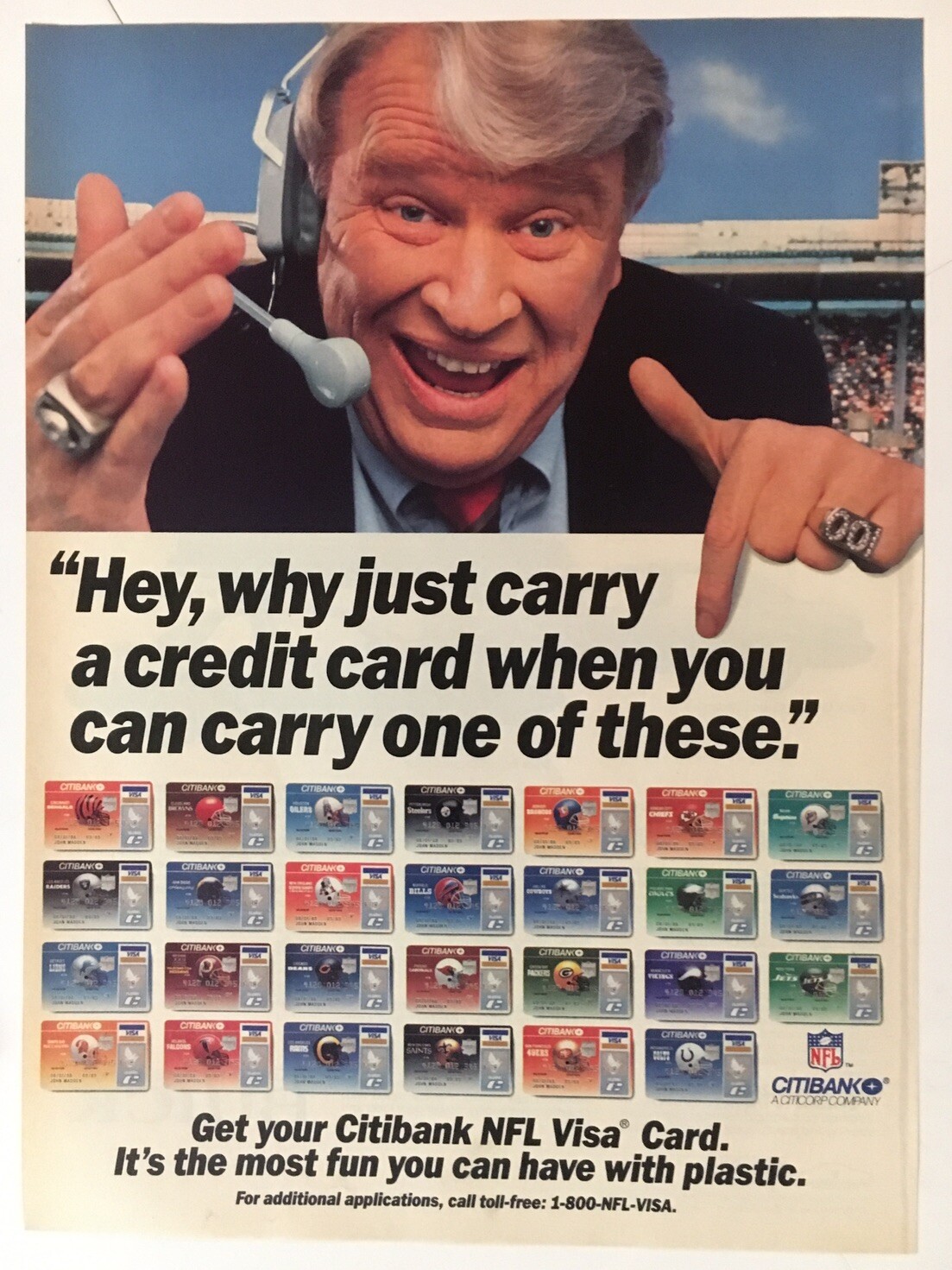 John Madden Citibank Visa NFL Logos 1988 Vintage Print Ad 7.5x10.5 ...