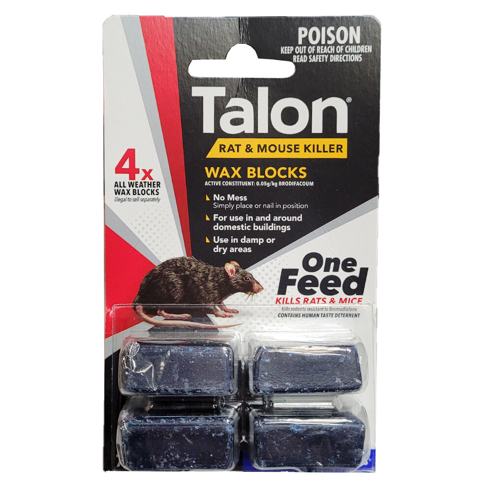 Talon 4 Wax Blocks Rat Mice Killer Bait 72g All Weather Single Feed | eBay