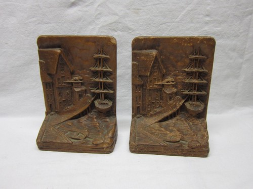 Tall Ship Bookends Syroco Wharf Harbor Sail Boat Syracuse Wood Ny Vtg ...