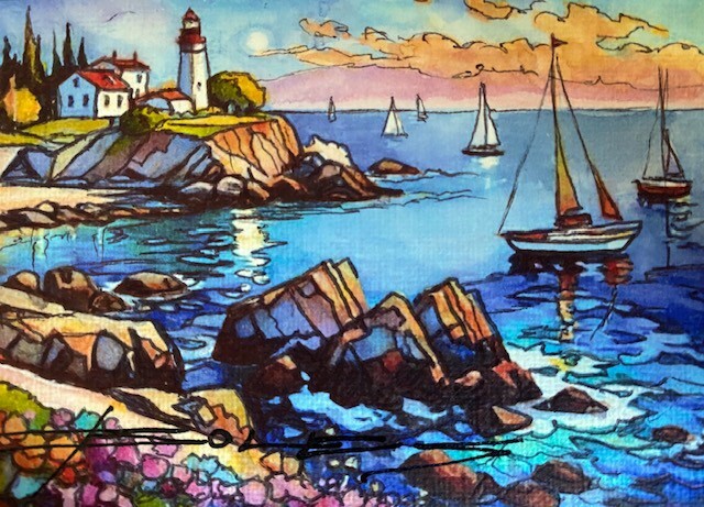 ORIGINAL Hand Painted Pen and Watercolor Art Card (ACEO) Regatta with ...