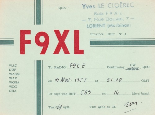 Carte QSL Radio Amateur Opérateur F9XL de Yve LE CLOEREC a LORIENT FRANCE | eBay