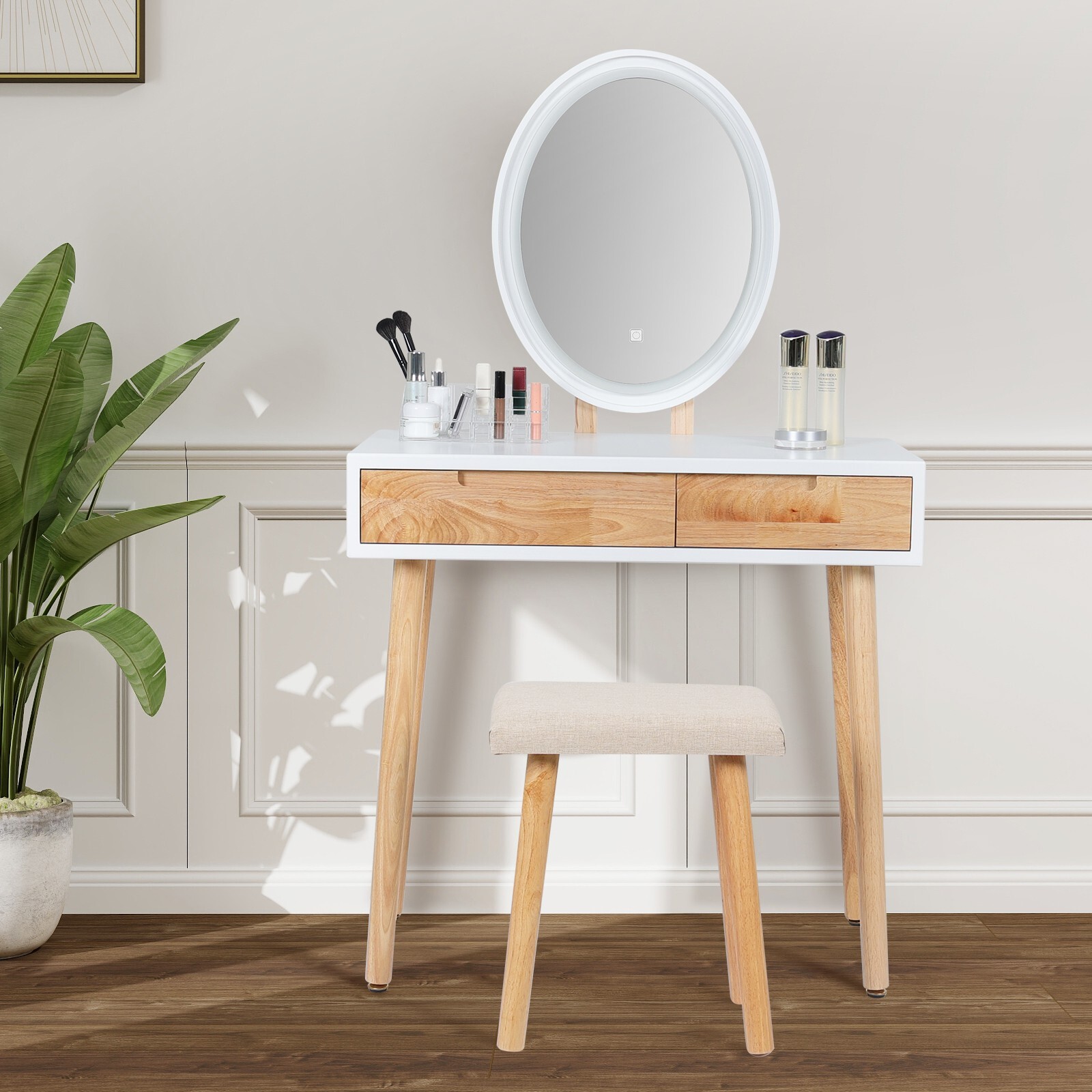 LED Lighted Dressing Table Set Wooden 2 Drawer Modern Make Up Vanity ...