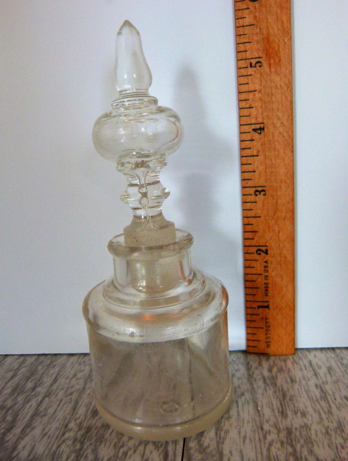 ANTIQUE VINTAGE INK BOTTLE INKWELL WITH FANCY GLASS STOPPER 5 3/4" TALL ...