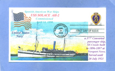 USS SOLACE AH-2 Spanish-American War Hospital Ship Color Photo Cachet ...