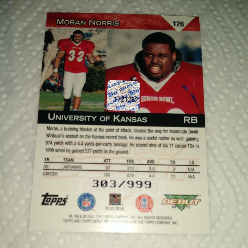 Moran Norris 2001 Topps Debut Jersey Rookie #126 Kansas Jayhawks Saints ...