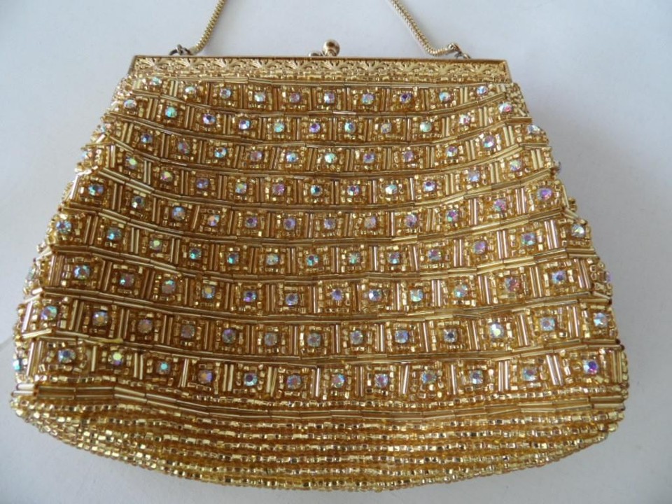 Vintage retro 1950's gold hand beaded aurora crystal Belgium formal ...