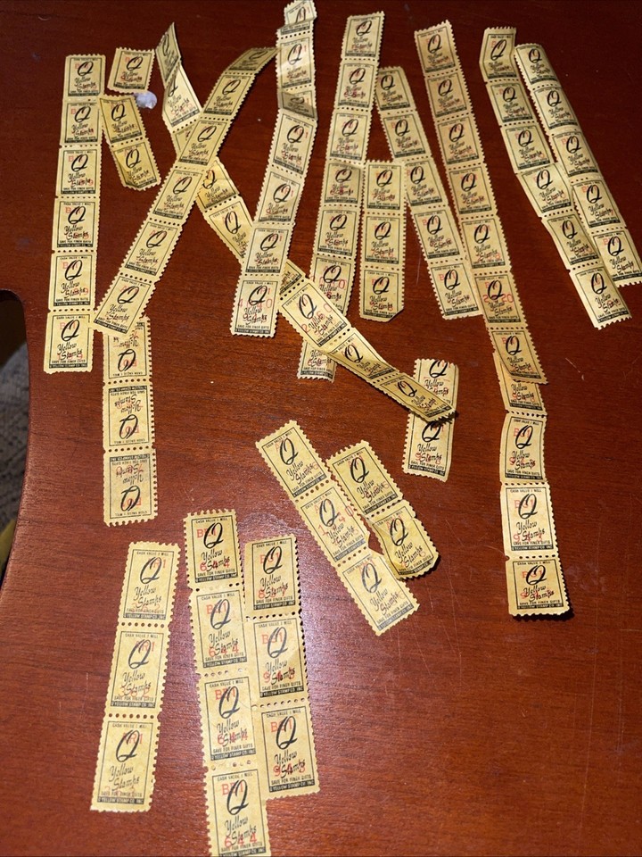 Yellow Q grocery store, trading stamps, mid-century, 90 Ones, 66 Tens ...