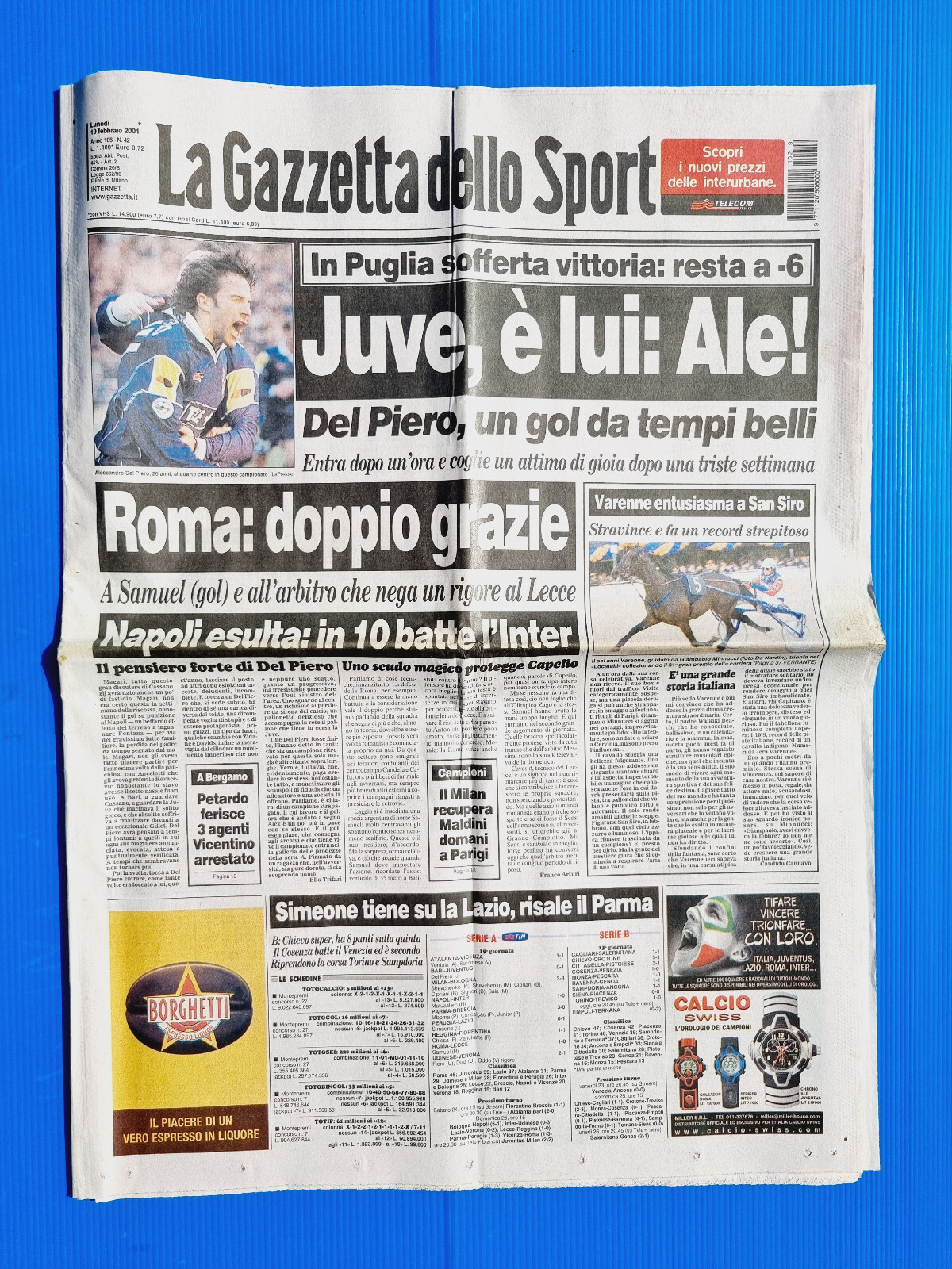 Gazzetta Dello Sport February 19 2001 Bari-Juventus 0-1 Del Piero ...